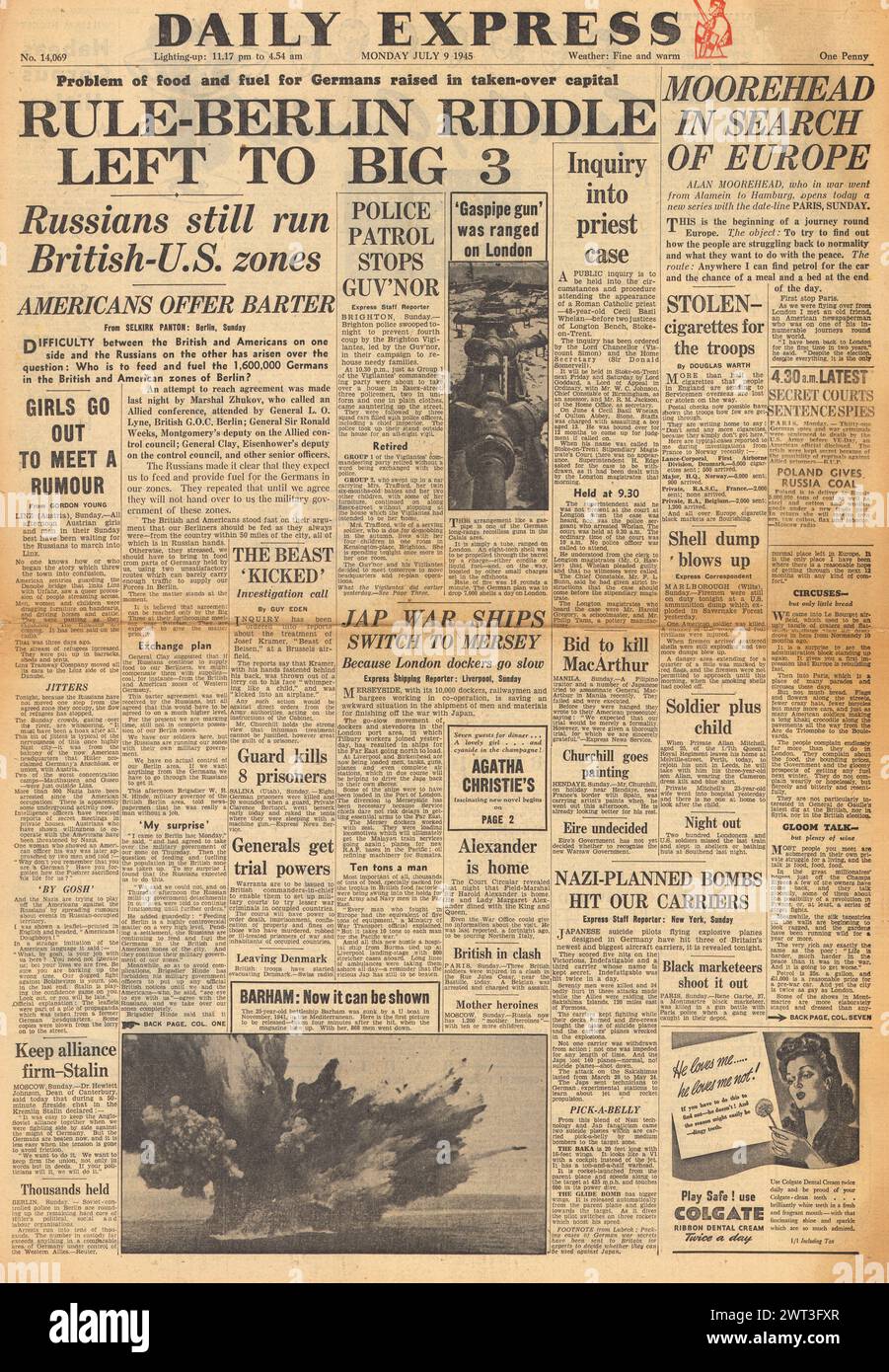 1945 Daily Express front page reporting Food and fuel problems in ...