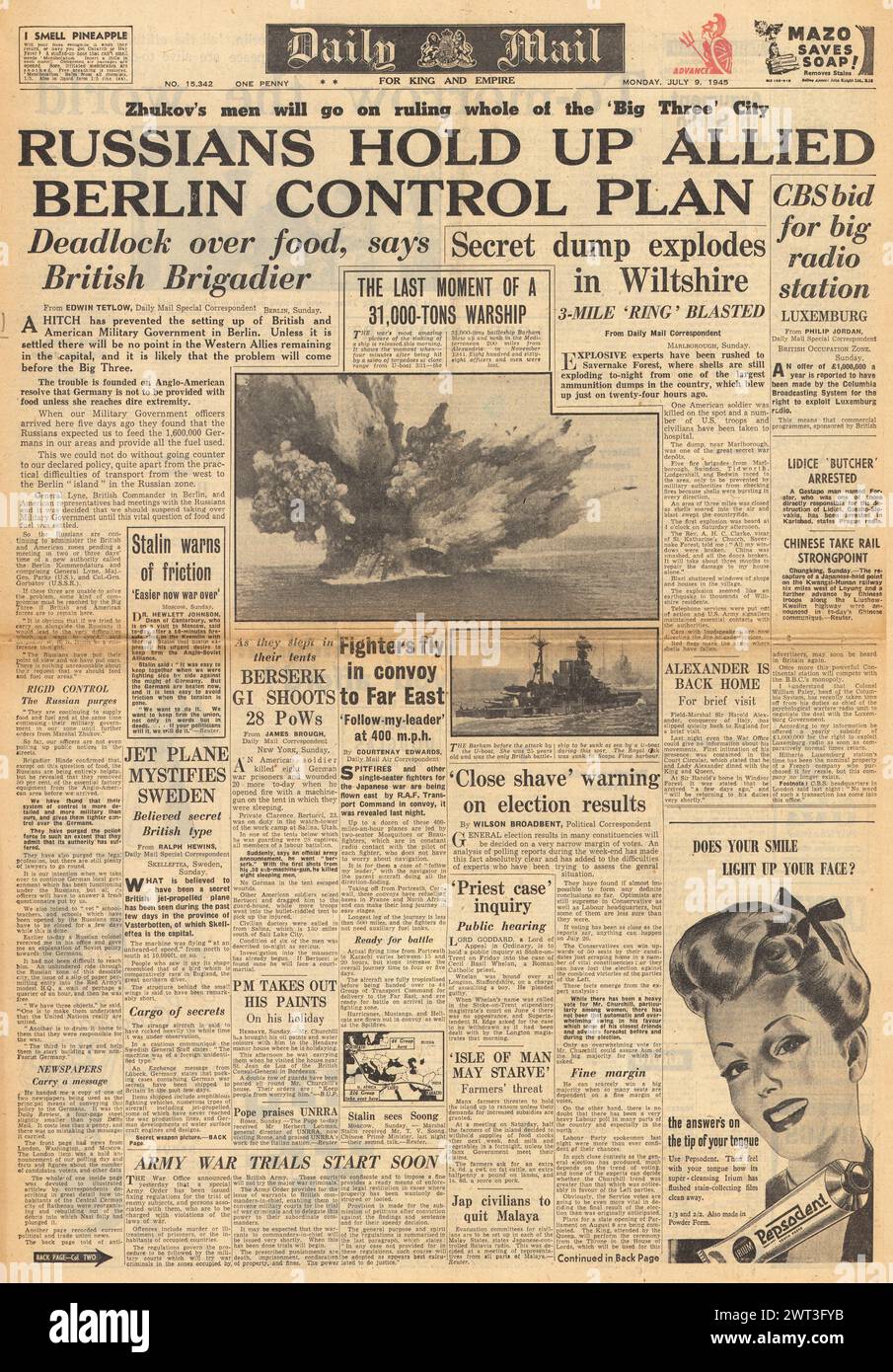 1945 Daily Mail front page reporting Food and fuel problems in Berlin ...