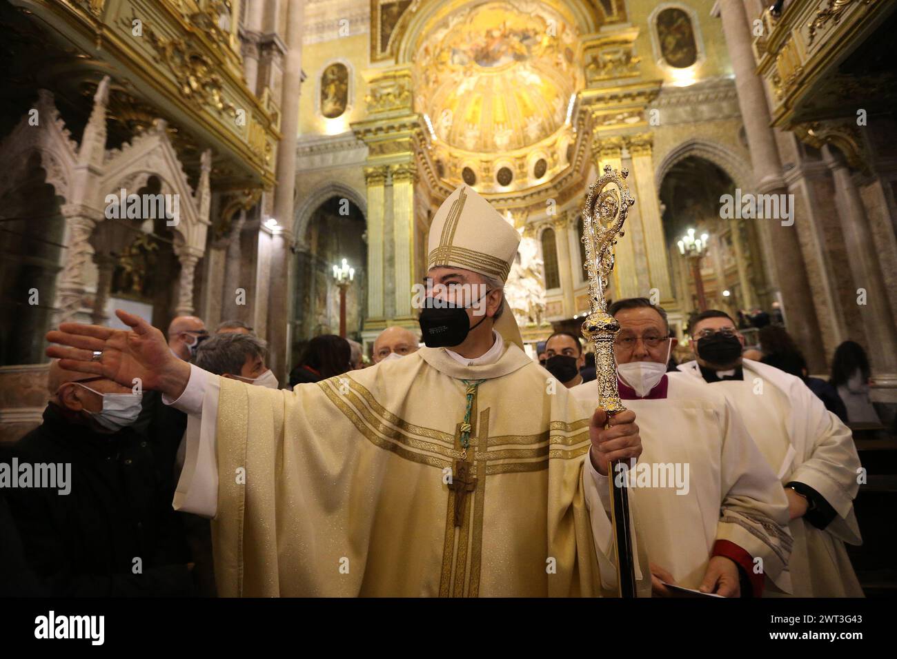 Domenico Battaglia, the new bishop of Naples, with a mask to protect ...