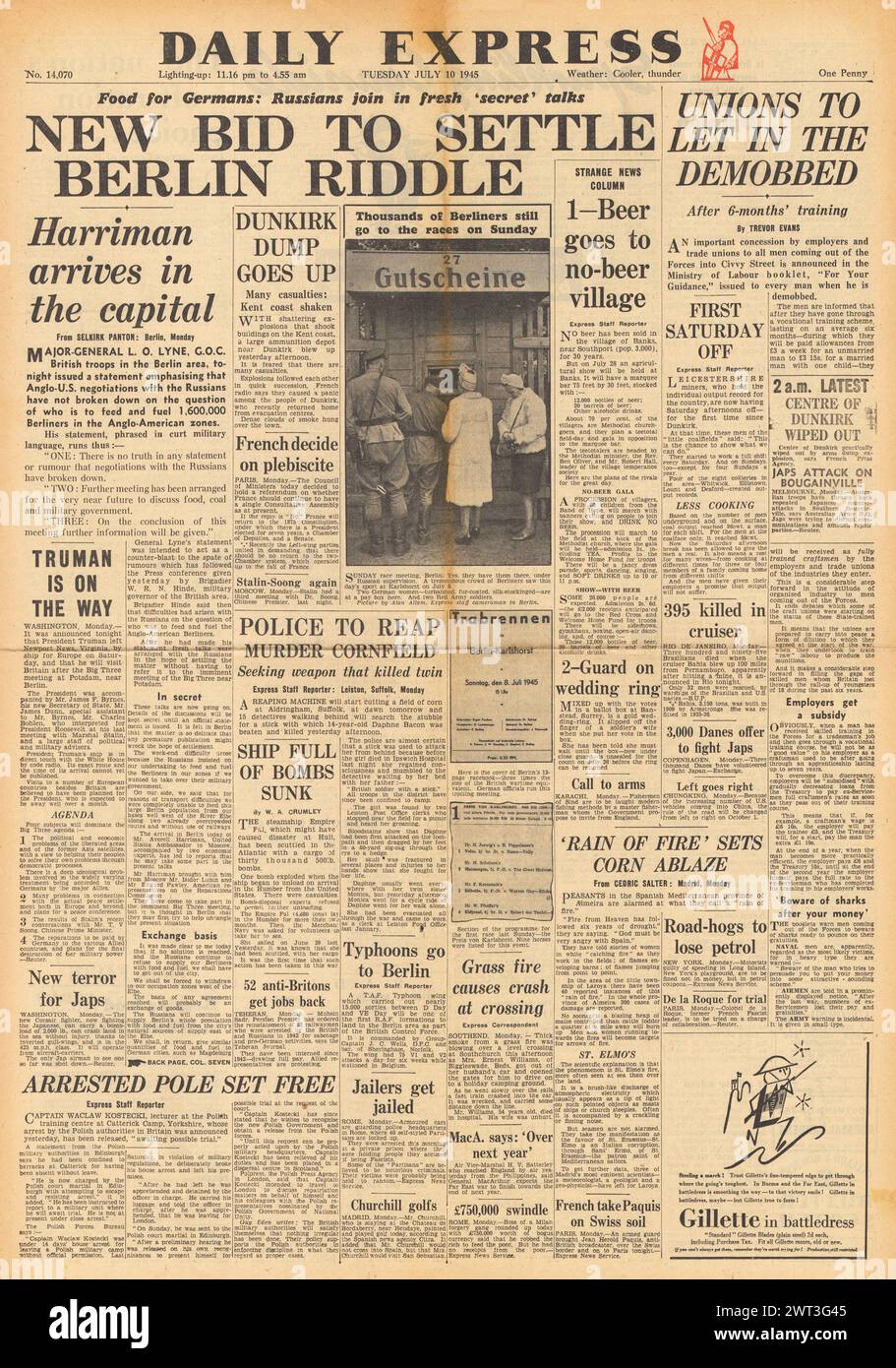 1945 Daily Express front page reporting Food and fuel problems in ...