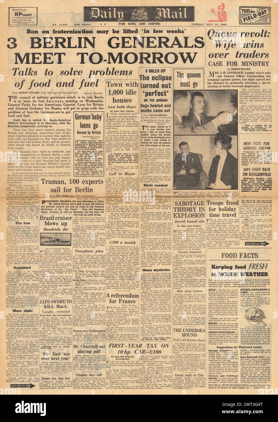 1945 Daily Mail front page reporting Military governors meet in Berlin and sinking of Brazilian ...
