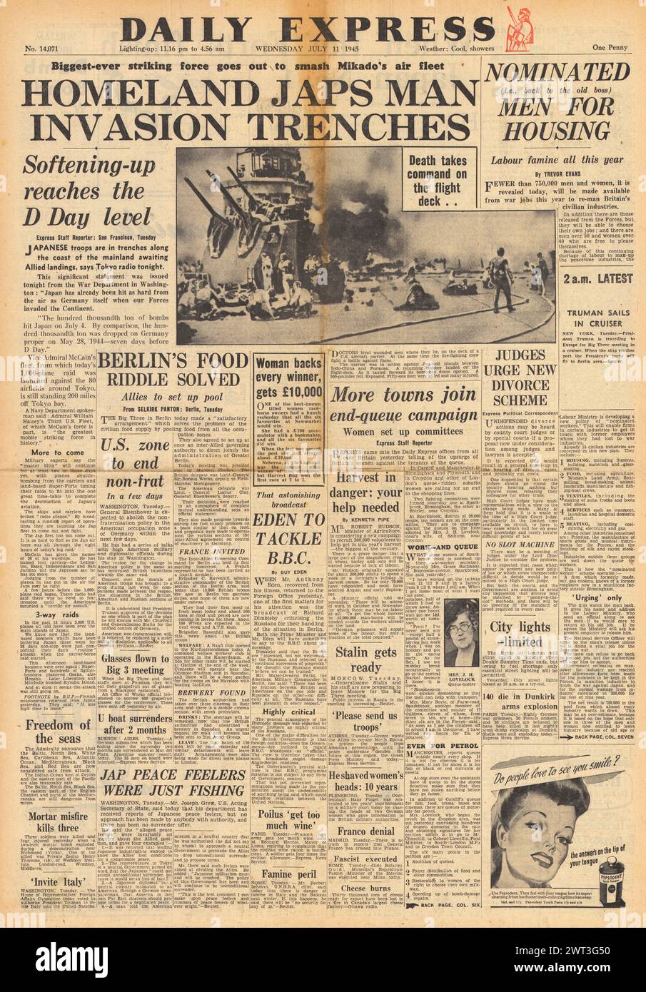 1945 Daily Express front page reporting Defence trenches on Japanese ...