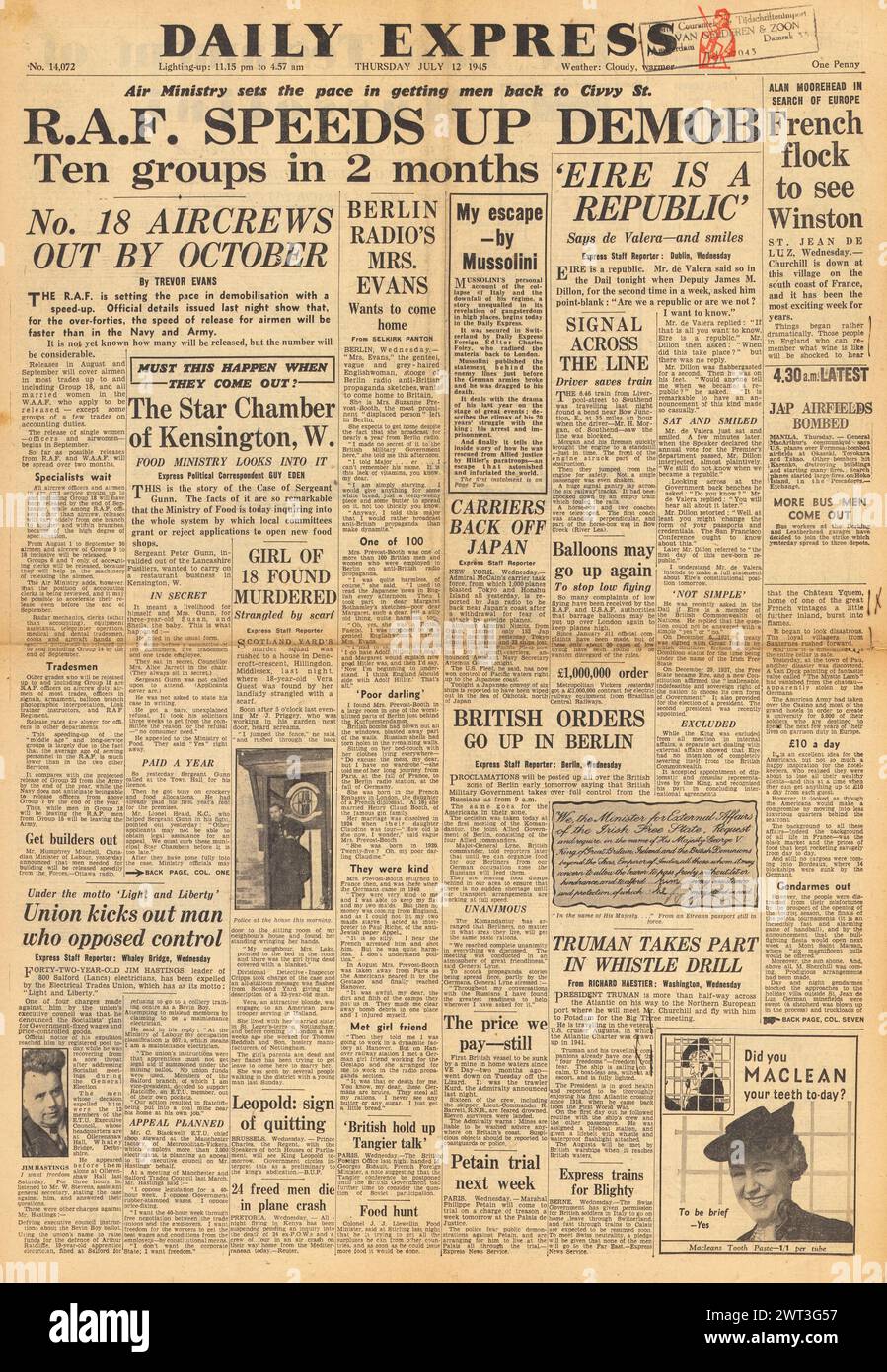 1945 Daily Express front page reporting De Valera says Eire a republic ...