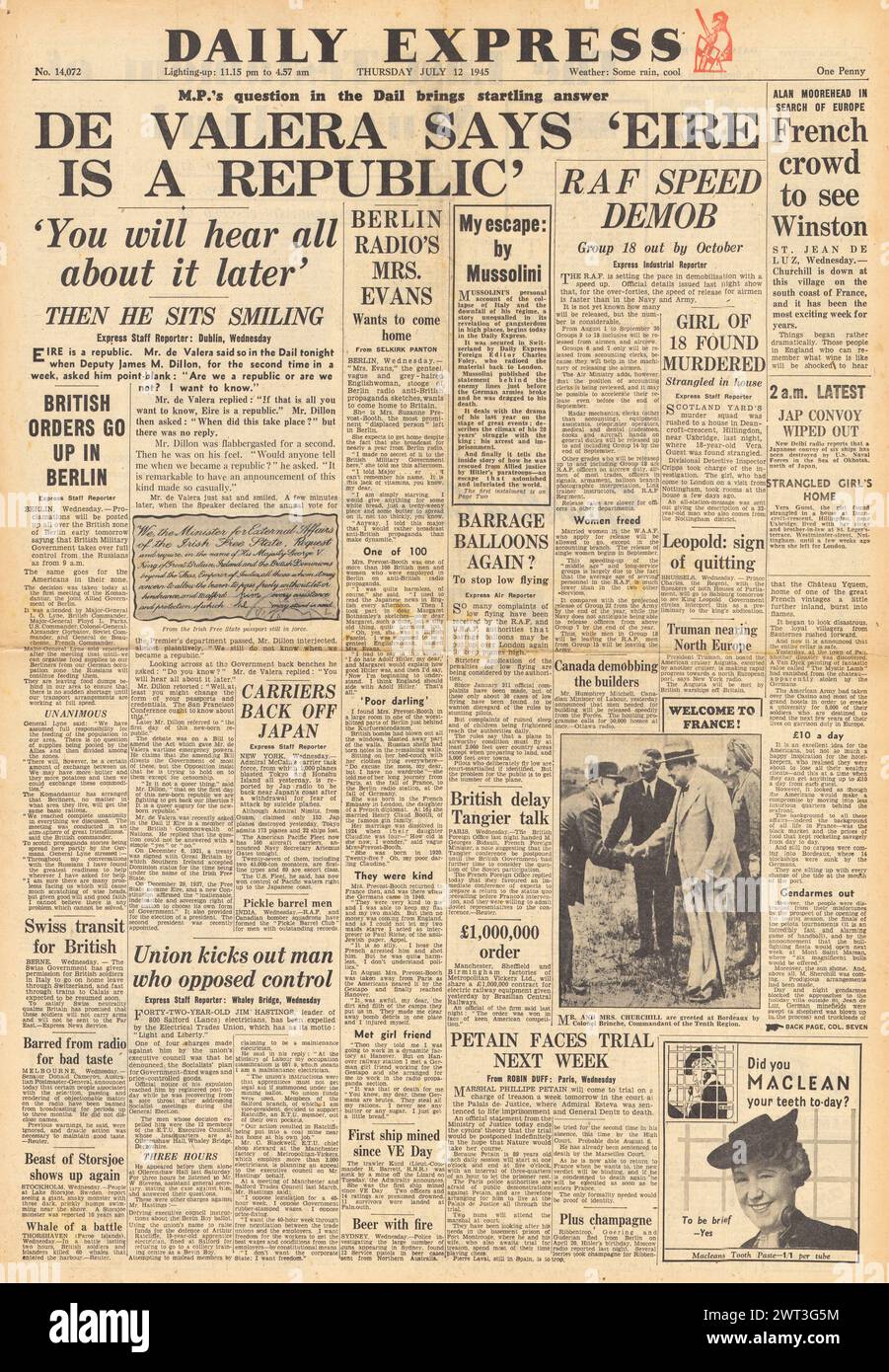1945 Daily Express front page reporting De Valera says Eire a republic ...