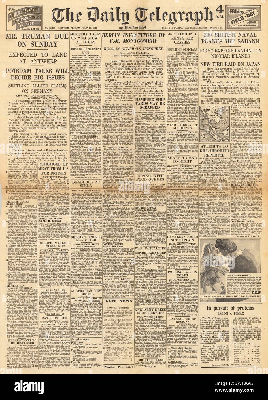 1945 The Daily Telegraph front page reporting British planes bomb ...