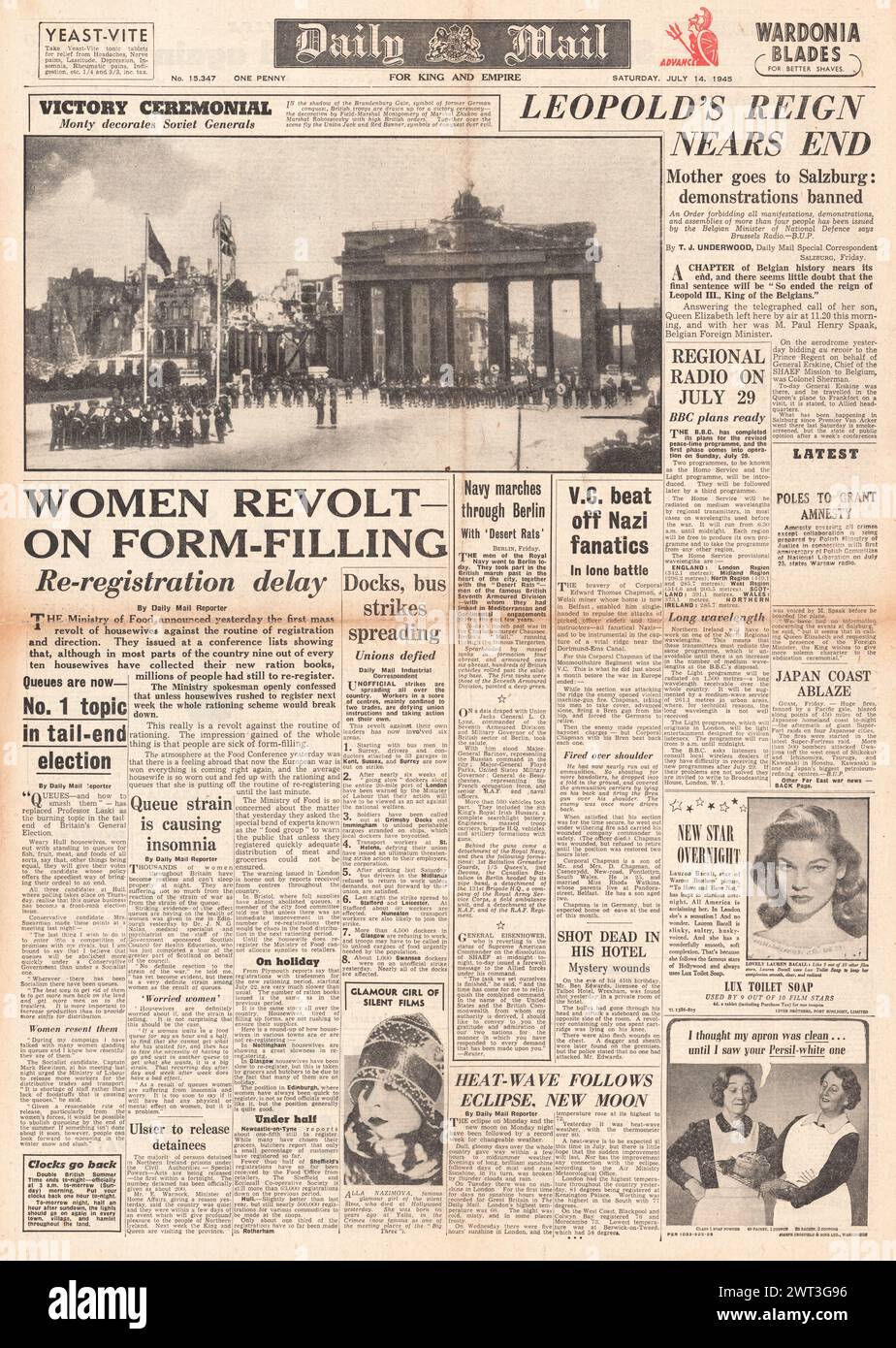 1945 Daily Mail front page reporting Registration for ration books ...