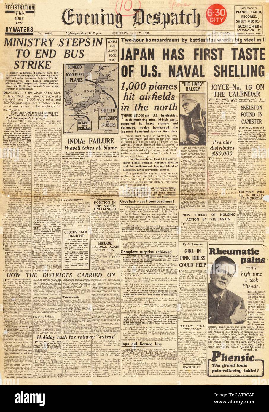 1945 Evening Despatch front page reporting Ministry to help end bus ...