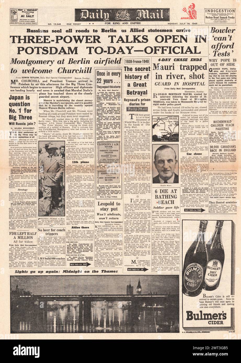 1945 Daily Mail front page reporting Potsdam Conference begins and ...