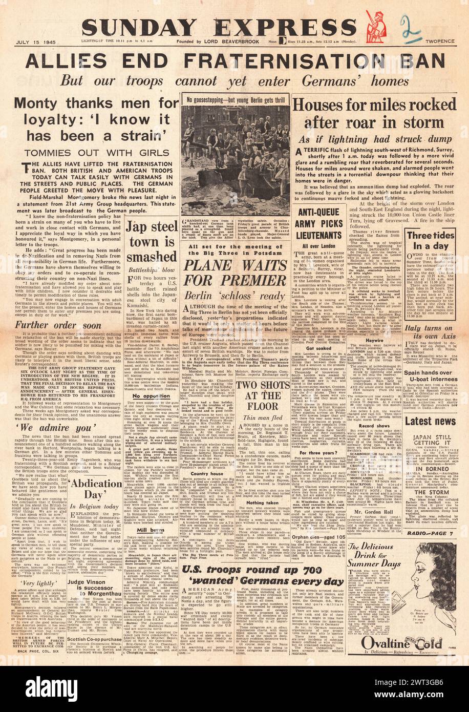 1945 Sunday Express front page reporting Allies end fraternisation ban ...