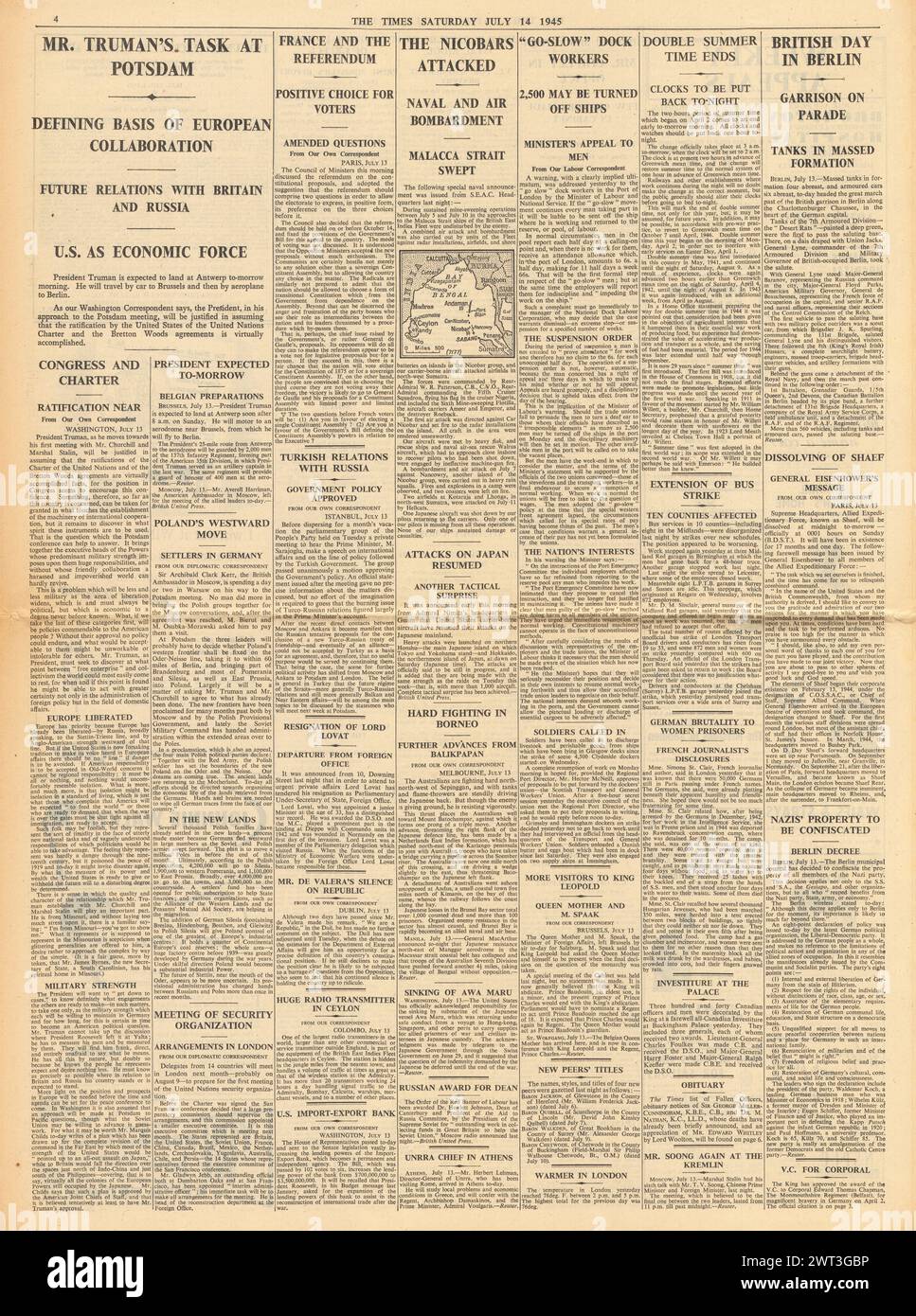 1945 The Times reporting Potsdam Conference, British forces parade in ...