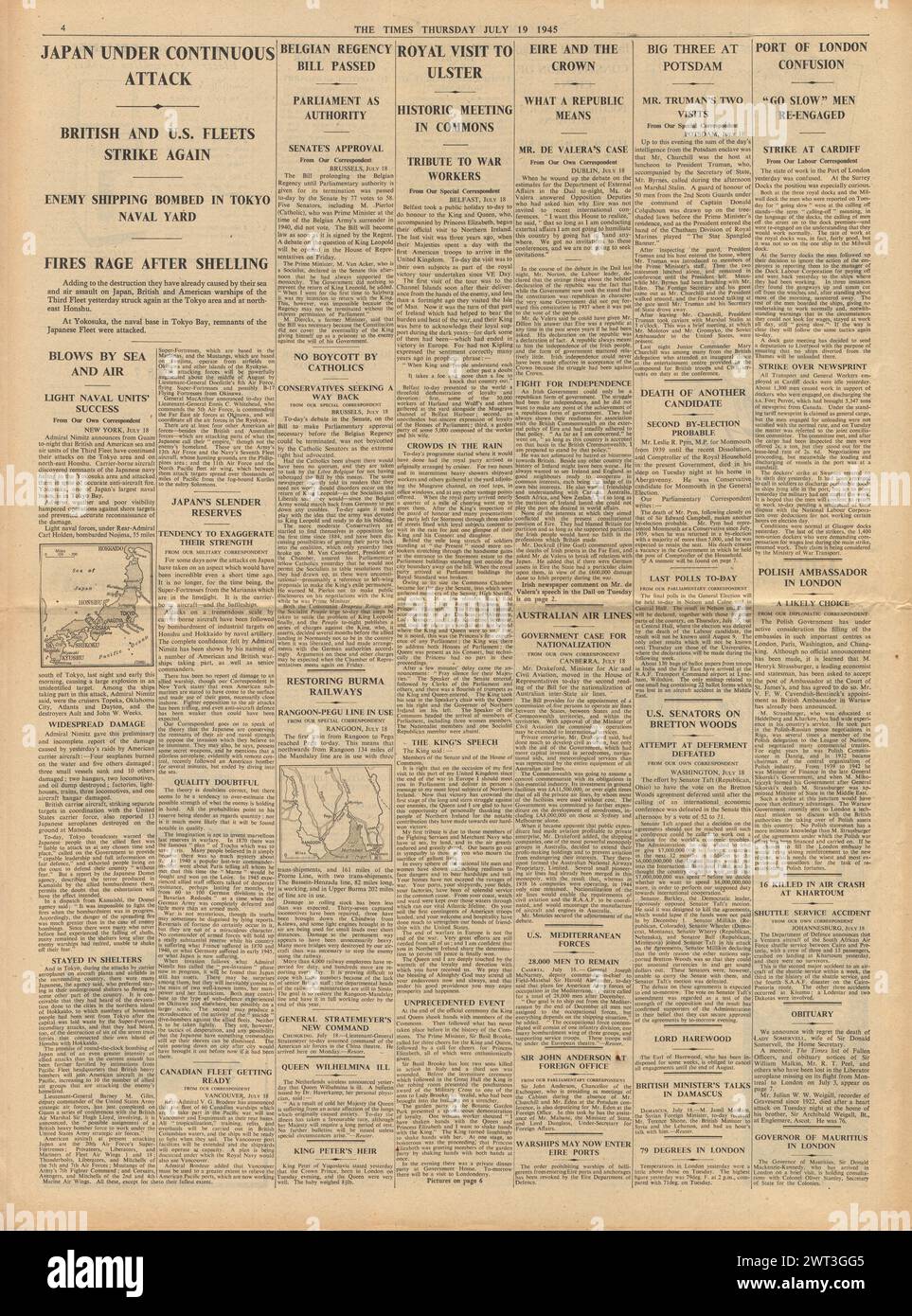1945 The Times reporting Allied bombardment of Japan, Potsdam ...