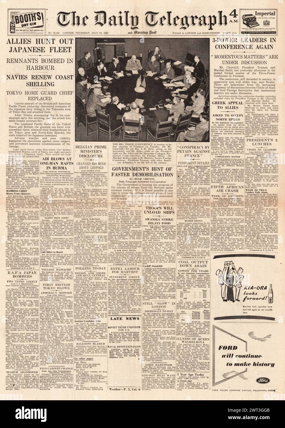 1945 The Daily Telegraph front page reporting Potsdam Conference begins ...