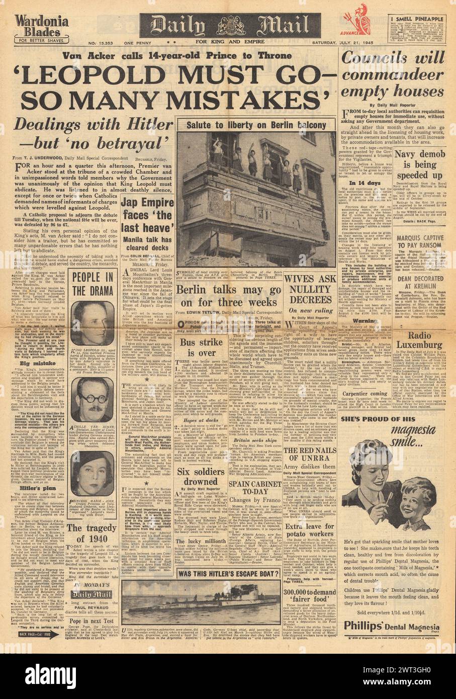 1945 Daily Mail front page reporting Call for Leopold to abdicate ...