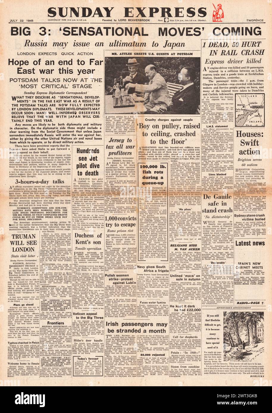 1945 Sunday Express front page reporting Potsdam Conference, rail crash ...