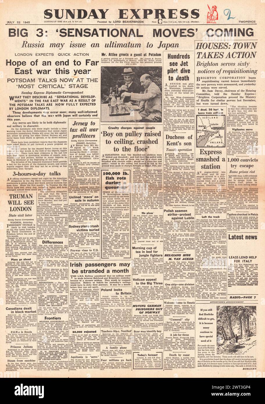 1945 Sunday Express front page reporting Potsdam Conference, rail crash ...