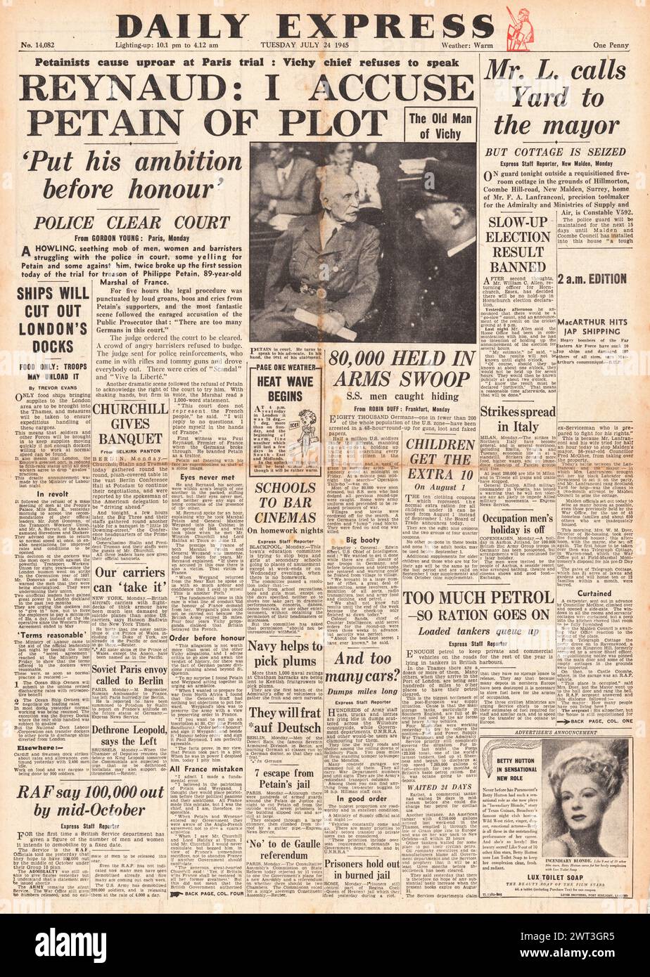 1945 Daily Express front page reporting Trial of Marshal Petain Stock ...