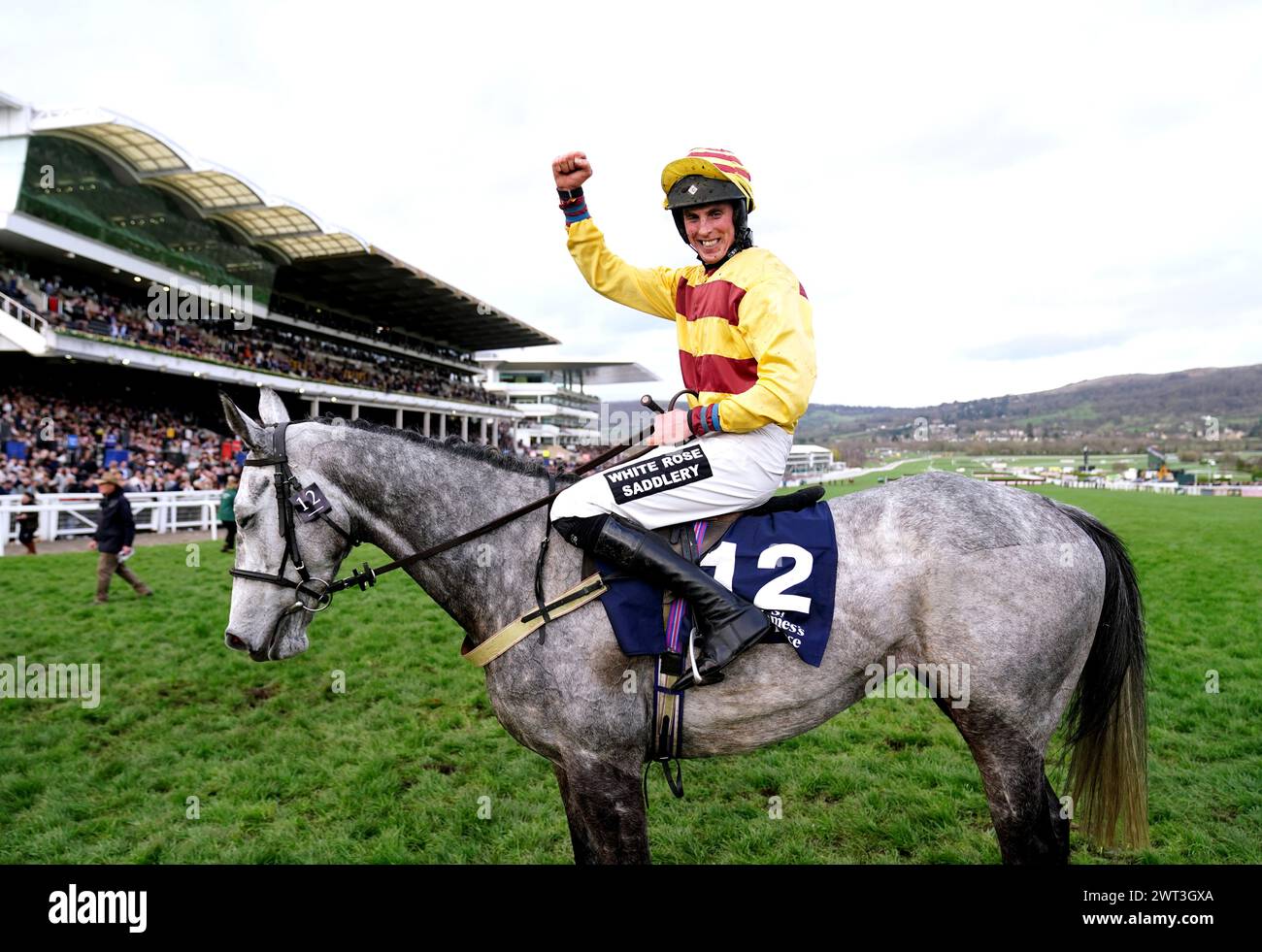 Jockey John Dawson celebrates on Sine Nomine after winning the St ...