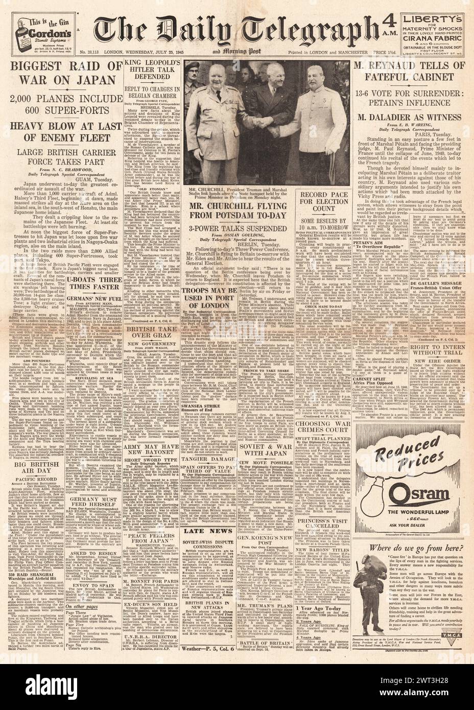 1945 The Daily Telegraph front page reporting Potsdam Conference, Trial ...