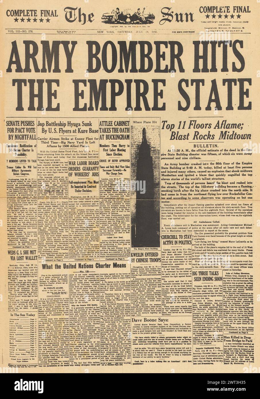 1945 The Sun front page reporting Bomber hits Empire State Building ...