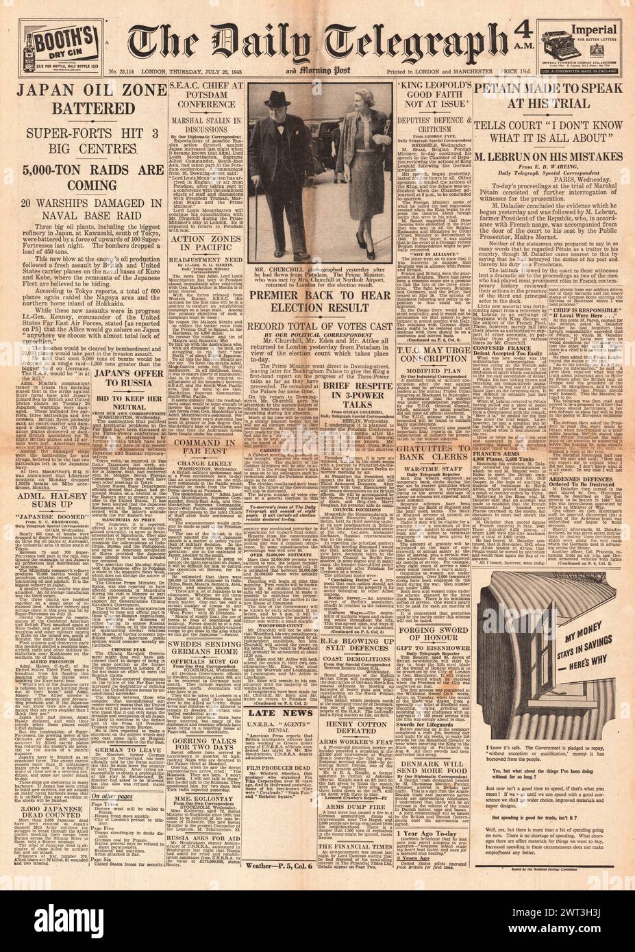 1945 The Daily Telegraph front page reporting General Election, Trial ...