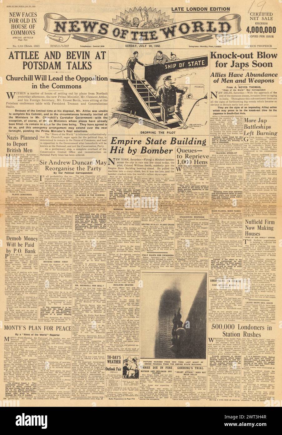 1945 News Of The World front page reporting Bomber hits Empire State ...