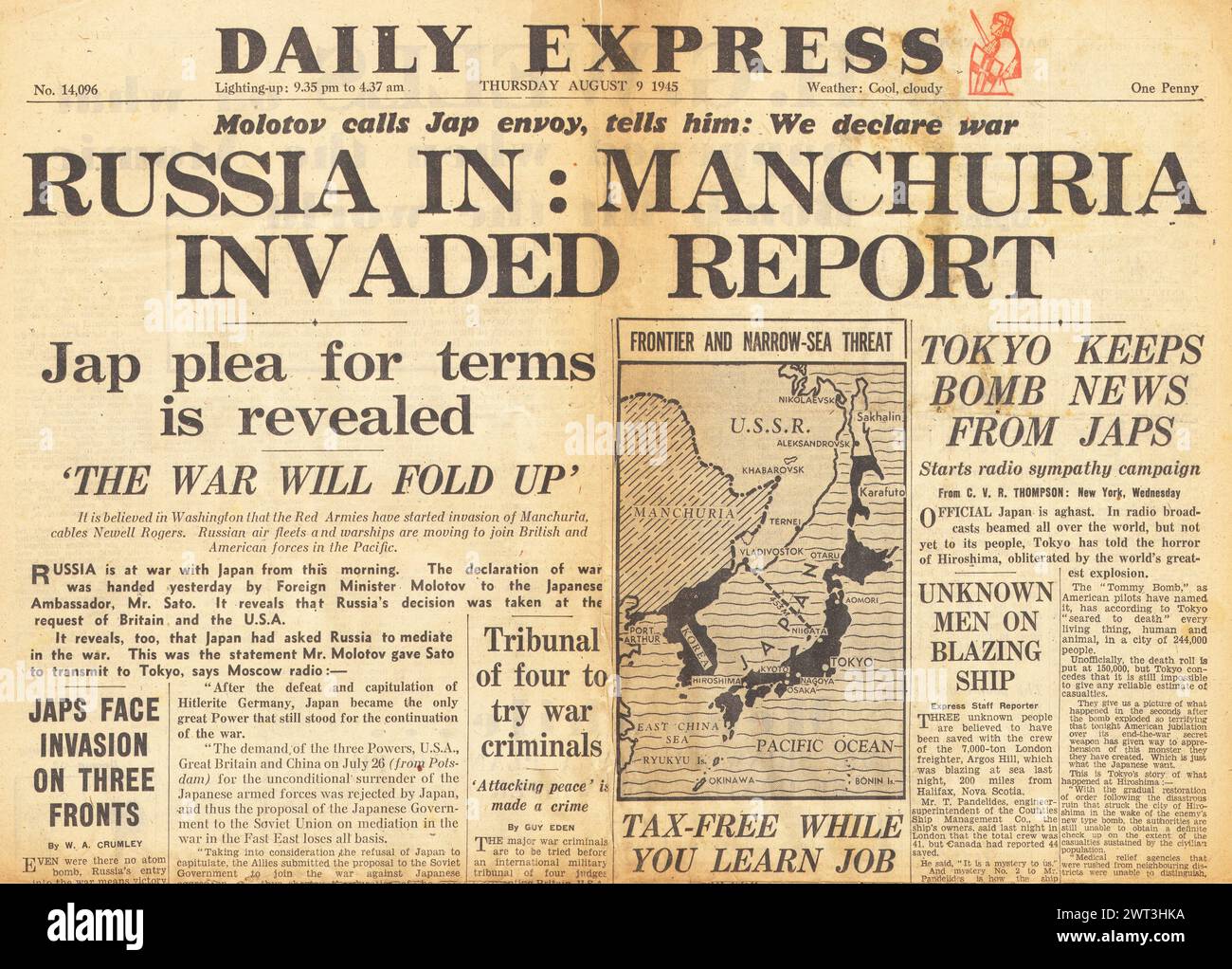 1945 Daily Express front page reporting Russia invade Manchuria and ...