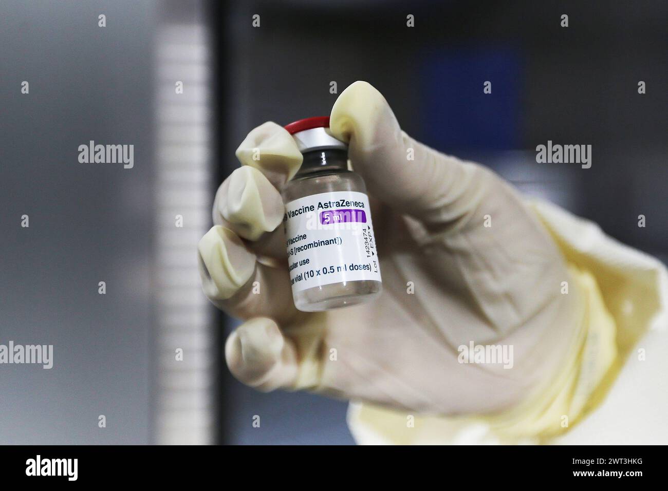 A vial of AstraZeneca vaccine, inside the vaccine preparation room of ...