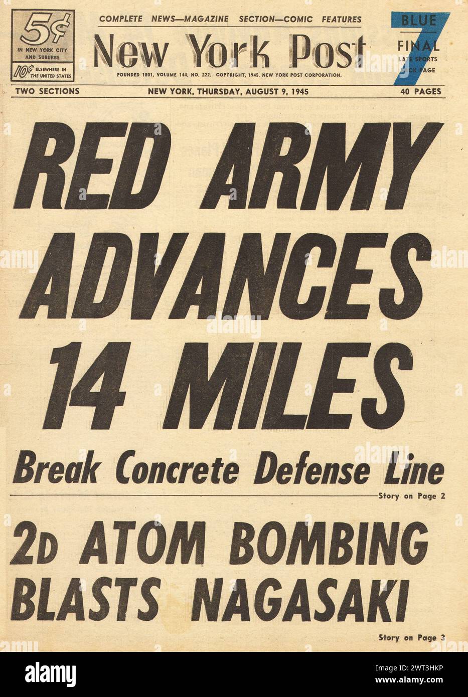 1945 New York Post front page reporting Russia invade Manchuria and ...