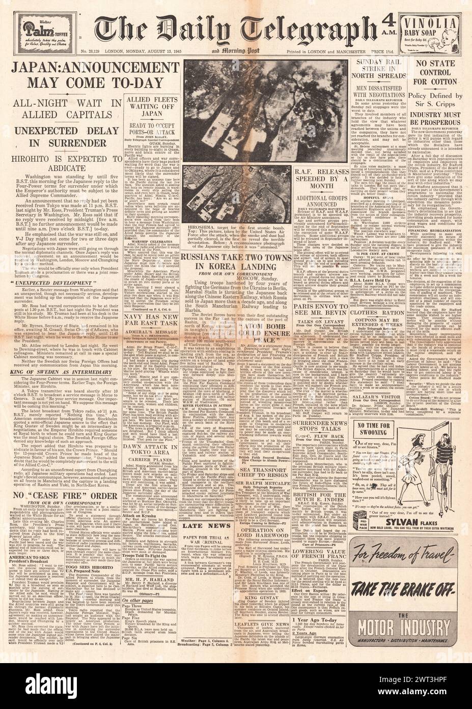 1945 The Daily Telegraph front page reporting Surrender of Japan ...