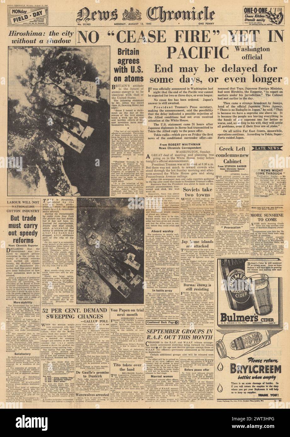1945 News Chronicle front page reporting End of war delayed, RAF ...