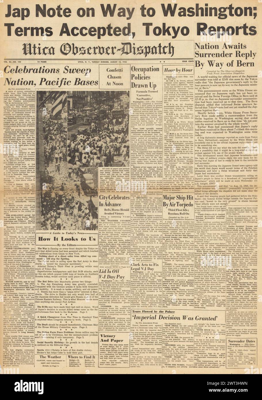 1945 Atica Observer Dispatch front page reporting Delay in Japan ...