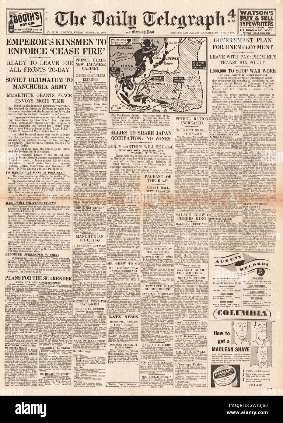 1945 The Daily Telegraph front page reporting Government employment ...
