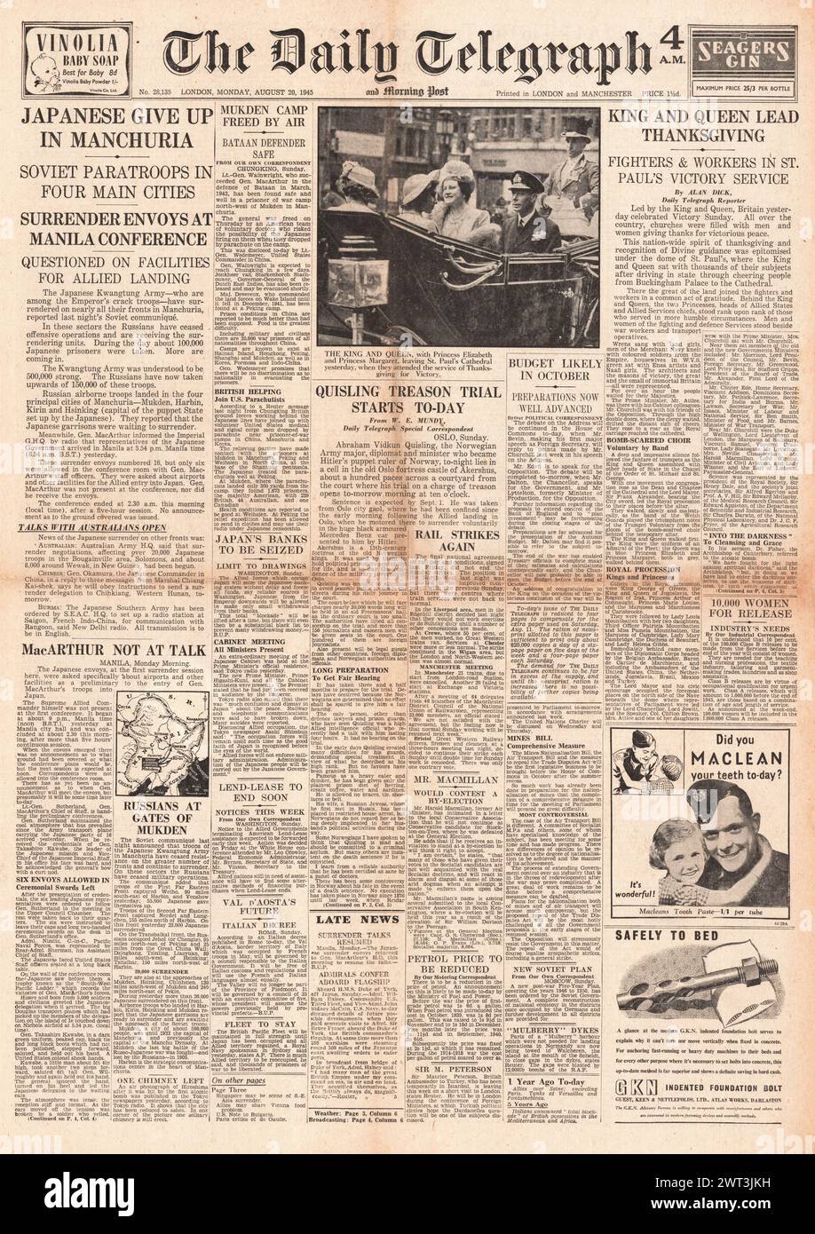 1945 The Daily Telegraph front page reporting Japan envoys in Manila ...