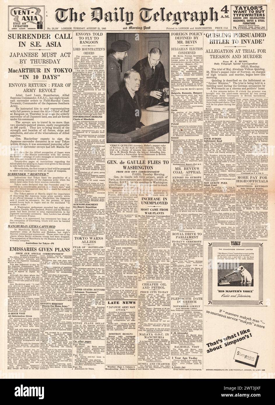 1945 The Daily Telegraph front page reporting Allies to occupy Tokyo ...