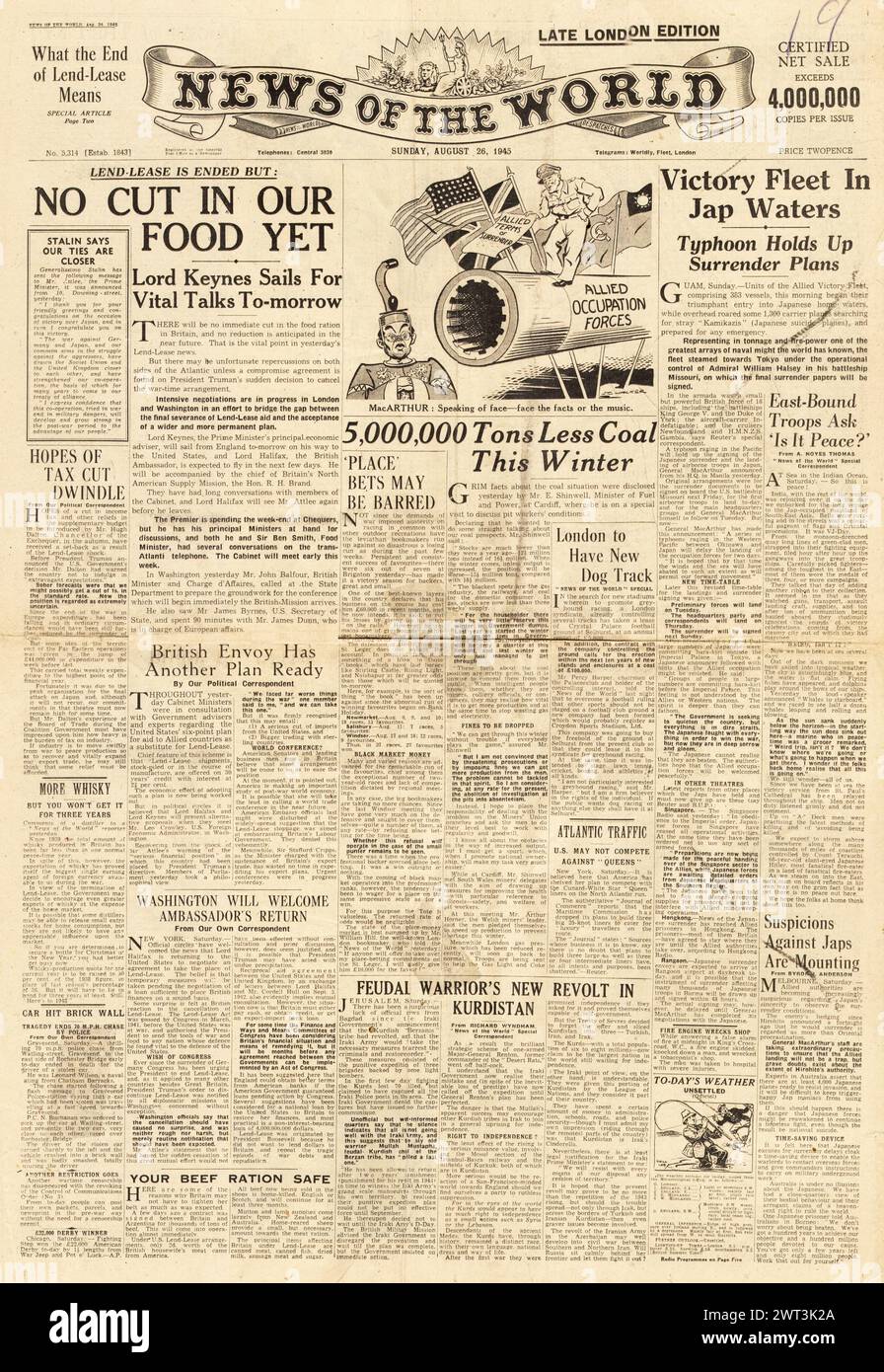 1945 News Of The World front page reporting End of Lend Lease plan and ...