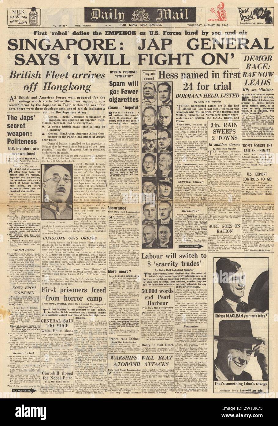 1945 Daily Mail front page reporting Japanese general at Singapore ...