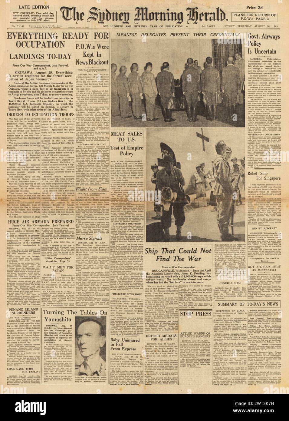 1945 The Sydney Morning Herald front page reporting Occupation of Japan ...