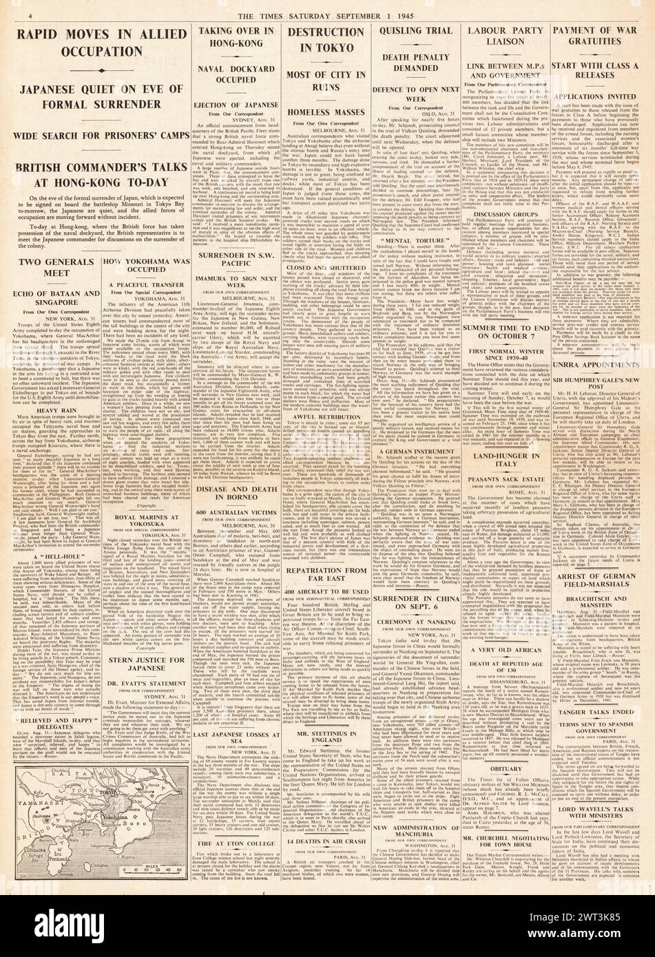 1945 The Times reporting Japan sign Instrument of Surrender, Allied ...