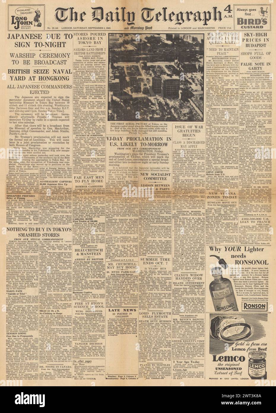 1945 Daily Telegraph front page reporting Japan sign Instrument of ...