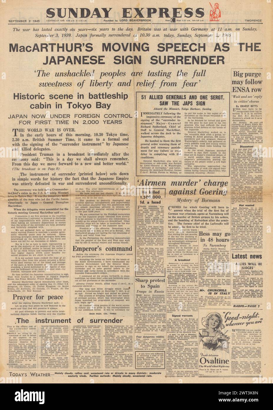 1945 Sunday Express front page reporting Japan sign Instrument of ...