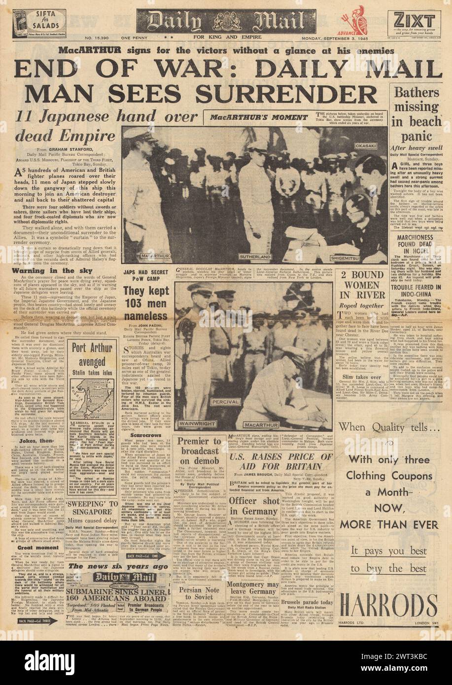 1945 Daily Mail front page reporting Japan sign Instrument of Surrender ...