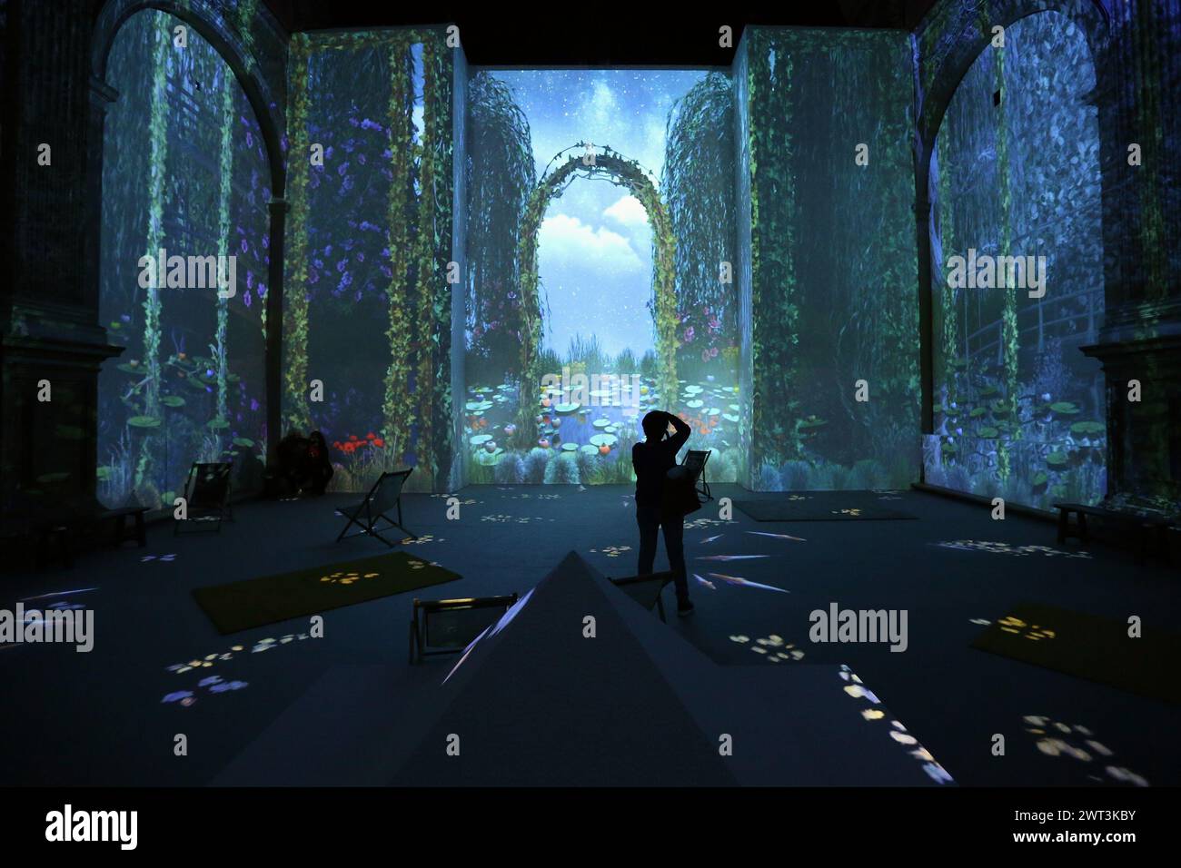 A visitor photographs a painting by Claude Monet projected on the wall ...