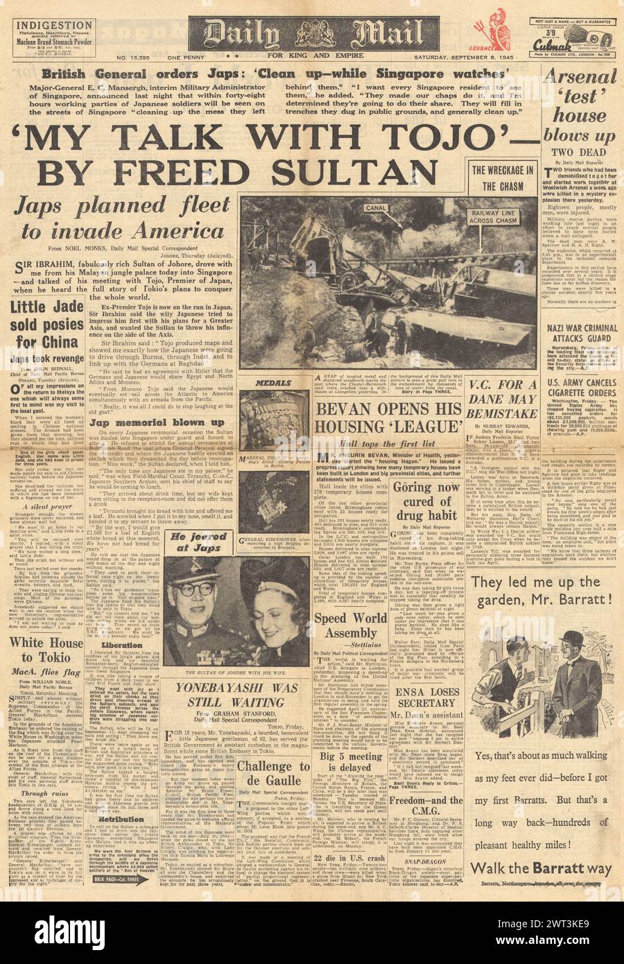 1945 Daily Mail front page reporting Sultan of Johore freed and Bevan ...