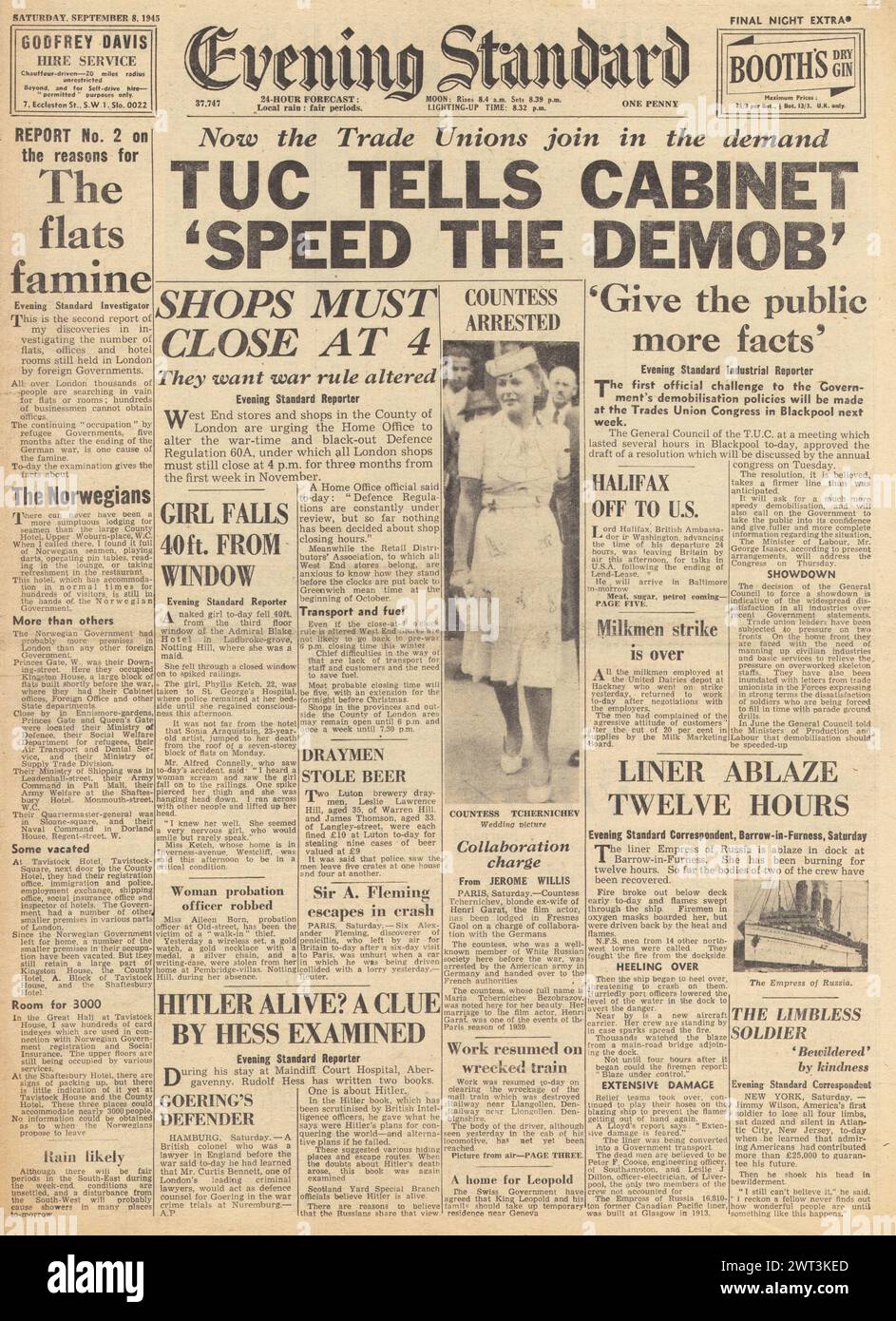 1945 Evening Standard front page reporting Speed up demobilisation and ...