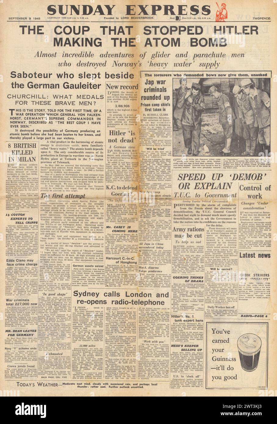 1945 Sunday Express front page reporting Hitler and atomic bomb, Berlin ...