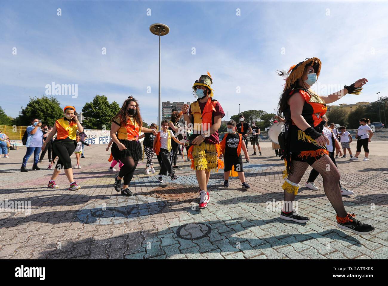 A moment of the flash mob for the world game day, with dancers, in the ...
