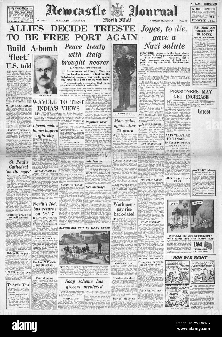 1945 Newcastle Journal front page reporting Trieste to be Free Port and ...
