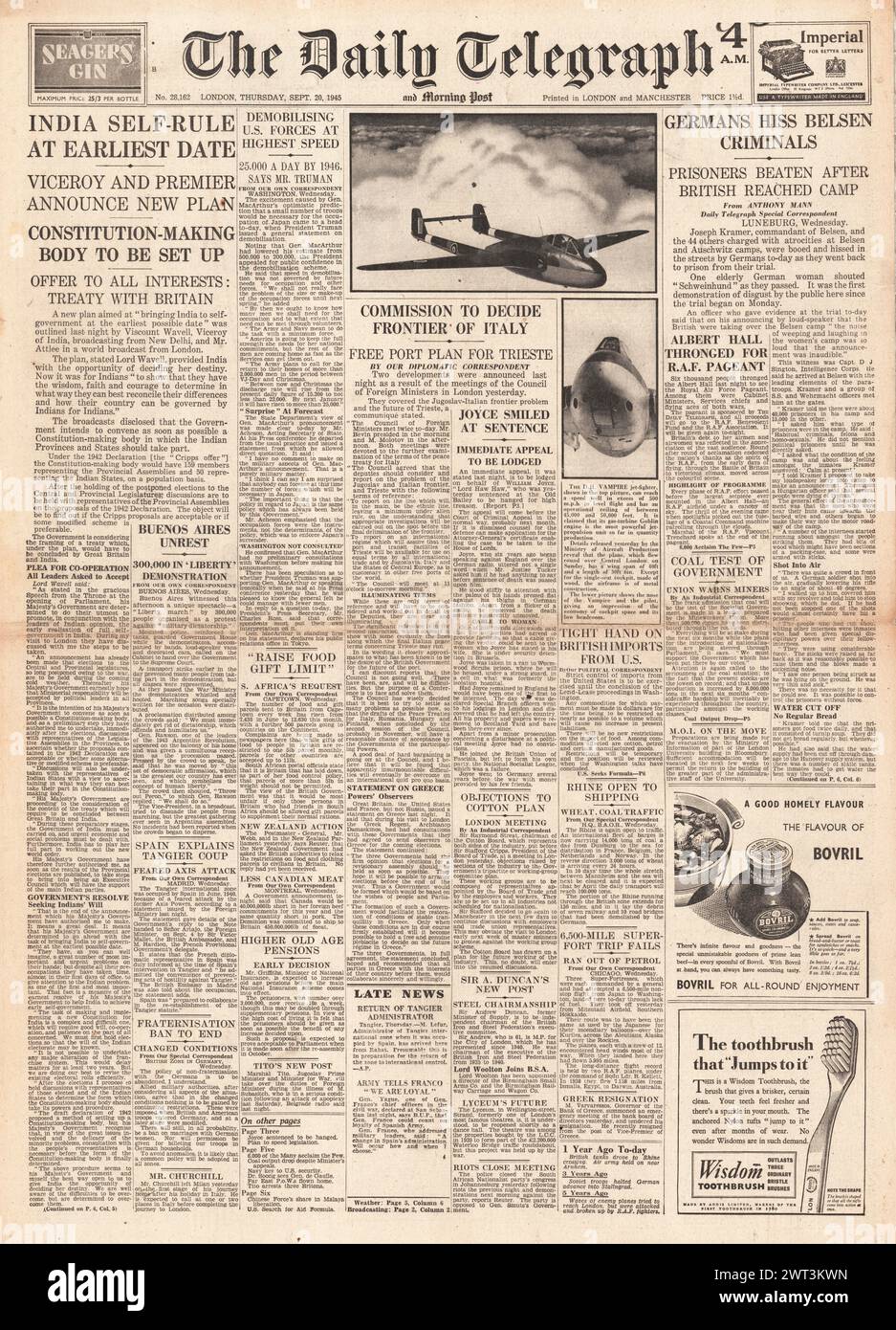 1945 The Daily Telegraph front page reporting Self rule for India ...