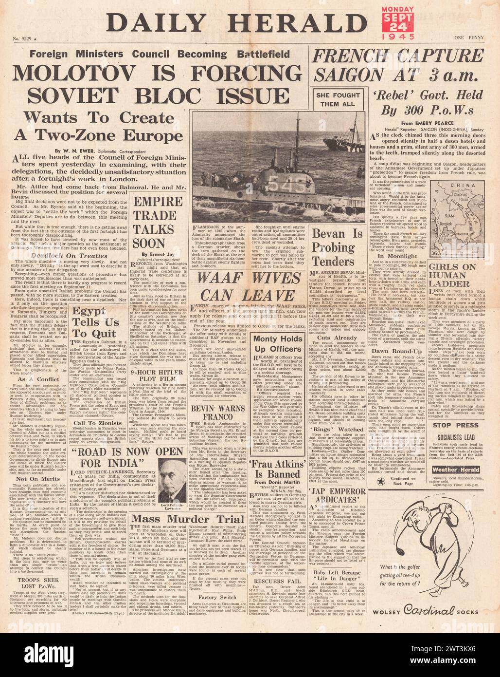 1945 Daily Herald front page reporting A divided Europe, scuttling of ...