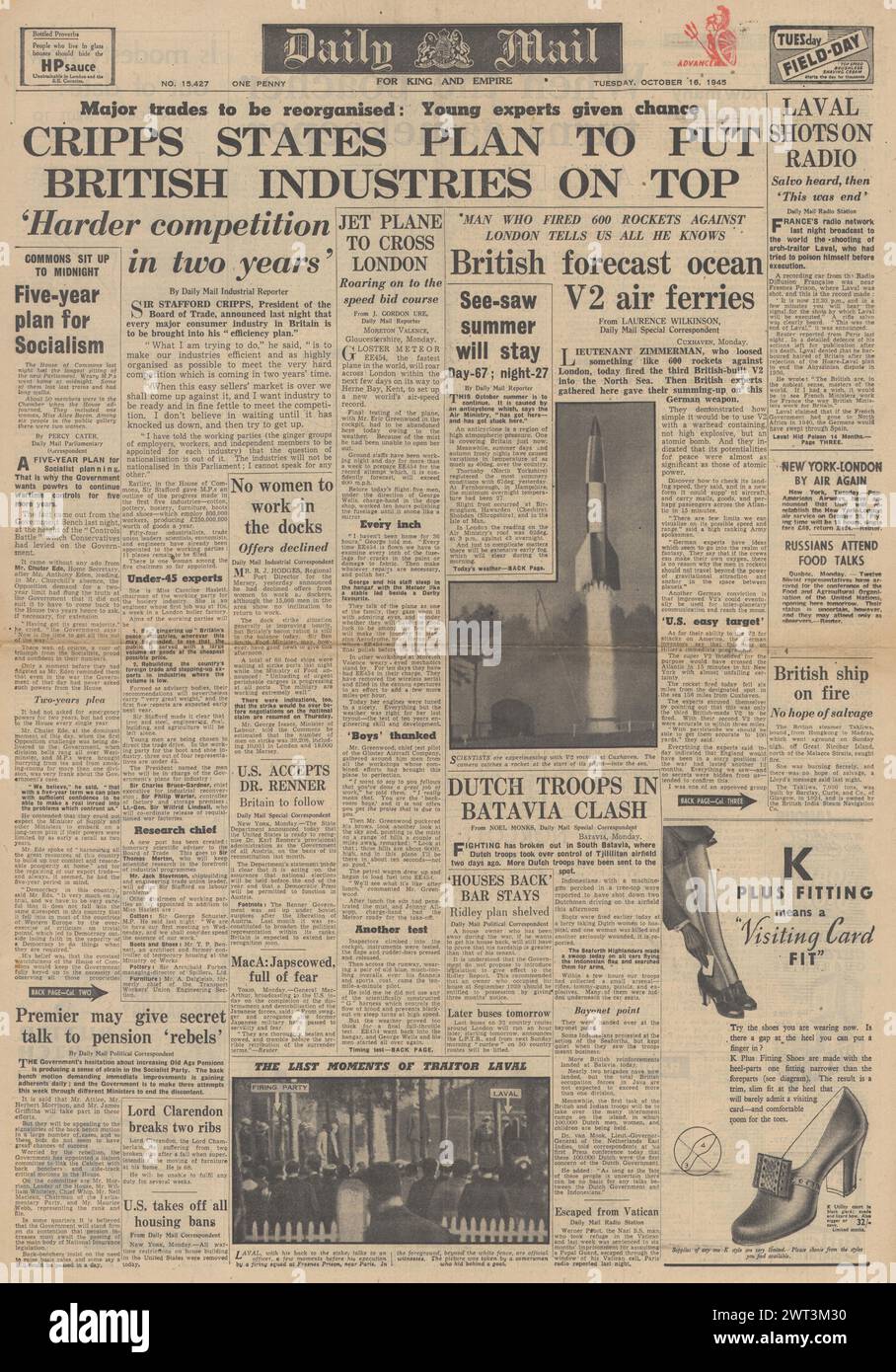 1945 Daily Mail front page reporting Pact on Atomic energy and death ...